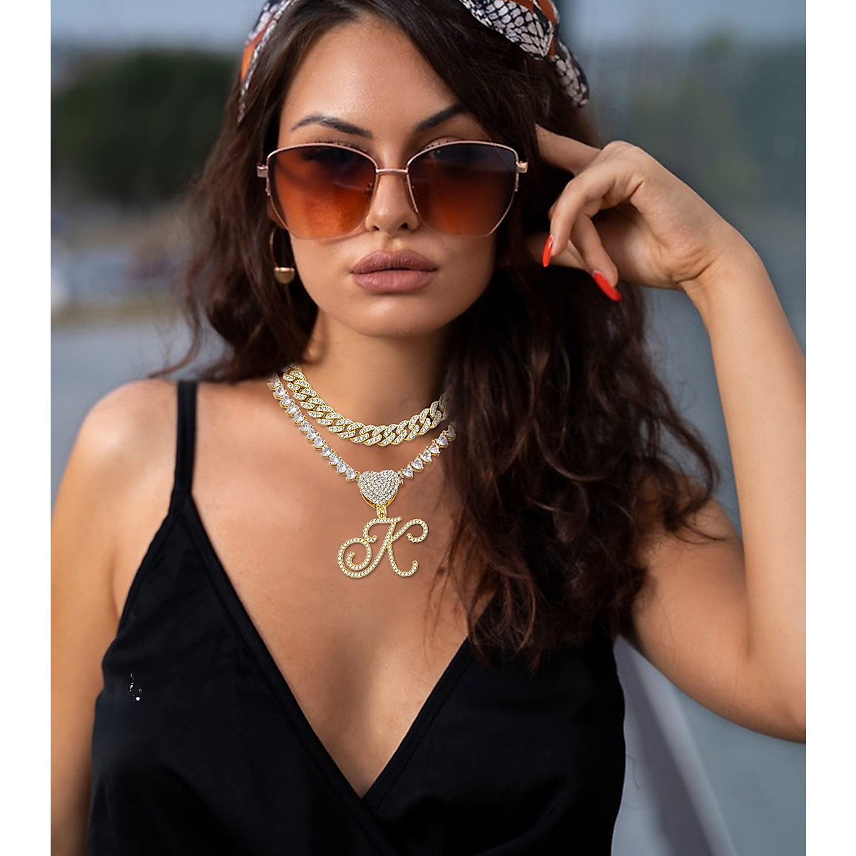 KOHOTA Gold Cuban Link Chain for Women Cursive Initial Pendant Necklace Layered Heart Shaped Zirconia Iced Out Chain Bling Necklace 24K Gold Plated Luxury Hip Hop Jewelry
