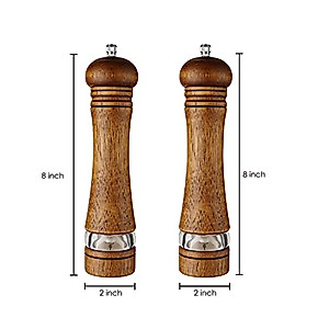 2-Piece Salt and Pepper Grinder Set, 8 Inch Wooden Salt and Pepper Mills with Adjustable Coarseness, Refillable Manual Pepper Mill Grinder for Home Cooks (Brown)