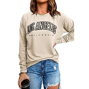 Dressmine Women's Los Angeles Hoodie Long Sleeve Vintage Graphic Sweatshirt Casual Print Letter Pullover Apricot XL