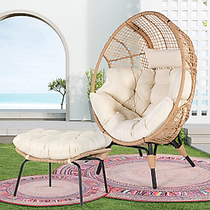 NICESOUL® Wicker Stationary Egg Chair Indoor Outdoor Egg Basket Lounge Chair Oversized Thick Cushions Egg Seat with Legs 440lbs Egg Nest Chair with Ottoman, Boho Rattan Chair for Patio Beige