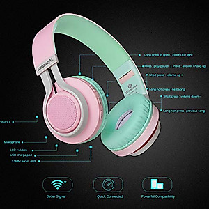 2 Packs Riwbox WT-7S Kids Headphones Wireless, Foldable Stereo Bluetooth Headset with Mic Compatible with PC/Laptop/Tablet/iPad Pink&Blue