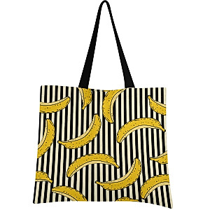 visesunny Women's Large Canvas Tote Shoulder Bag Tropical Banana Stripe Top Storage Handle Shopping Bag Casual Reusable Tote Bag for Beach,Travel,Groceries,Books