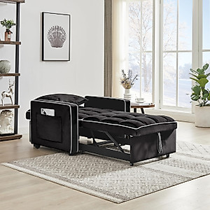 Wrofly 3 in 1 Single Convertible Sleeper Sofa Chair, 35.4" Pull Out Sofa Bed with Adjustable Backrest, Modern Chaise Lounge with Storage and Pillow for Living Room, Small Spaces, Black Velvet