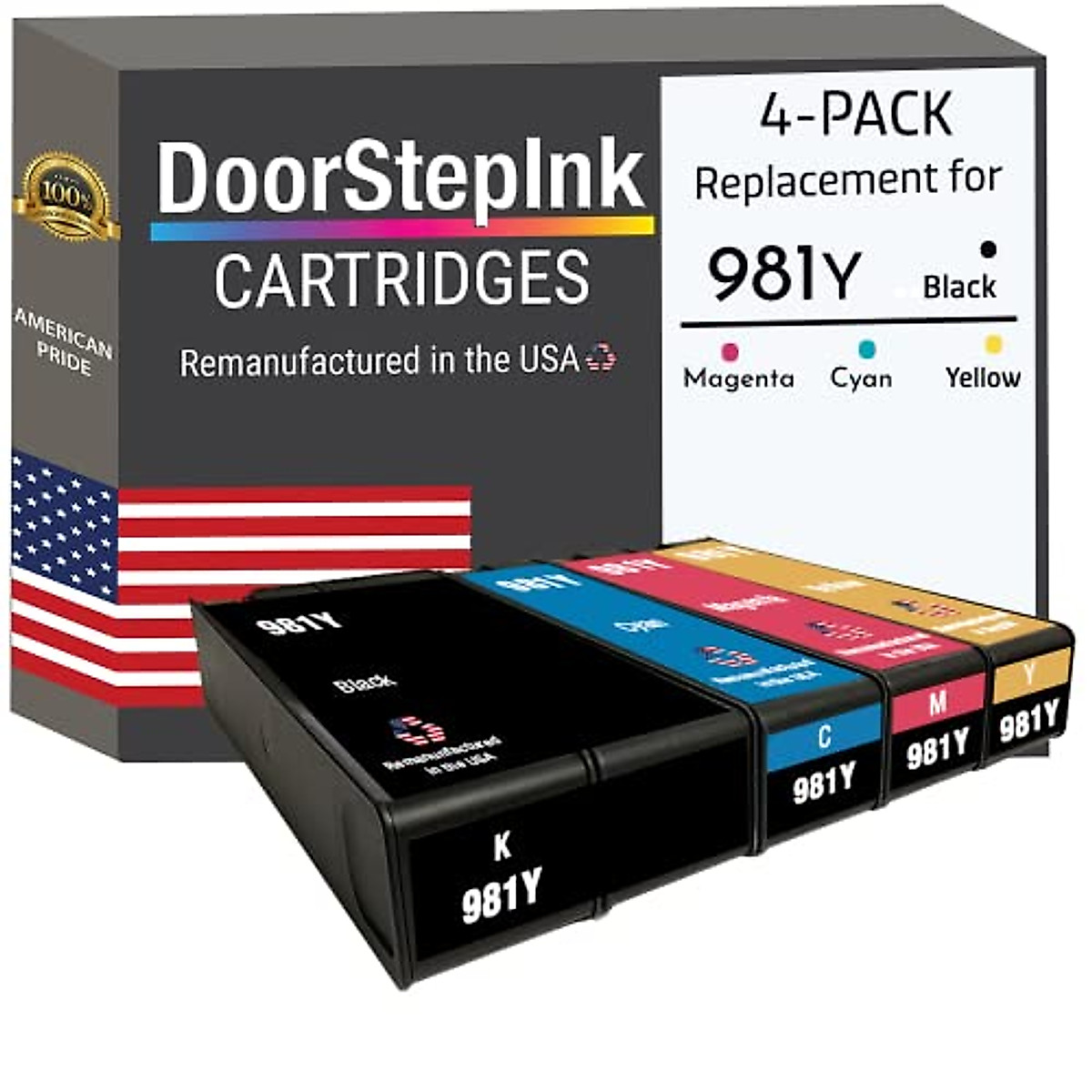 DoorStepInk Remanufactured in The USA Ink Cartridge Replacements for HP 981Y 981 Y Black, Cyan, Magenta, Yellow 4-Pack for HP PageWide Color 556dn 556xh Flow 586z 586dn 586f MFP E55650dn E58650dn