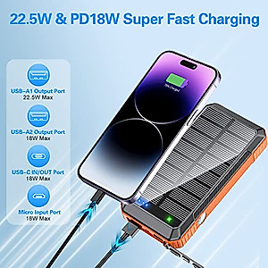 DJKK Solar Power Bank Wireless Charger 33800mAh Built in 4 Cables and LED Camping Lights 22.5W Fast Charging Power Bank 7 Outputs 4 Inputs Portable Charger Compatible with All Mobile Devices (Orange)
