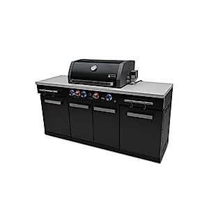 Mont Alpi MA-957 5-Burner 63000 BTU Black Stainless Steel Outdoor Kitchen Bar Gas Island Grill w/ Infrared Rear Burner + Rotisserie Kit + Granite Countertop + Storage Cabinets & Full Weather Cover