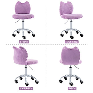 Modern Cute Cat Kids Desk Chair, Comfortable Fuzzy Small Desk Chair for Girls and Boys, Ergonomic Adjustable Swivel Computer Chair, Hello Kitty Vanity Chair Study Rolling Stools with Wheels, Purple