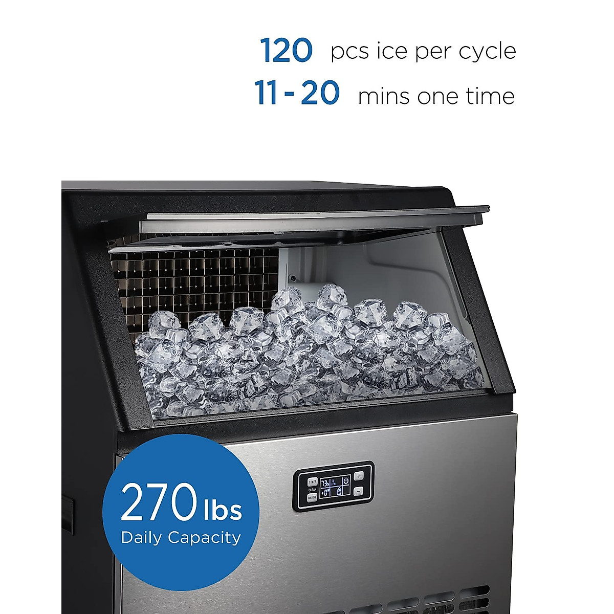 ADT Ice Mahcine Stainless Steel Under Counter Freestanding Commercial Ice Maker Machine for Home/Kitchen/Office/Restaurant/Bar/Coffee (270LB, Single-Water Inlet)
