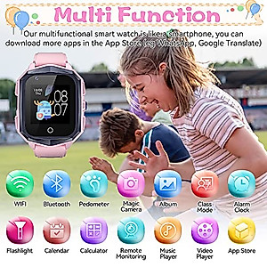 Smart Watch for Kids with SIM Card, 4G Kids GPS Tracker Watch Unlocked, WiFi, SMS,2 Way Call Video & Voice Chat SOS Pedometer, Kids Cell Phone Watch Birthday Gifts for 3-15 Boys Girls (73-Pink)