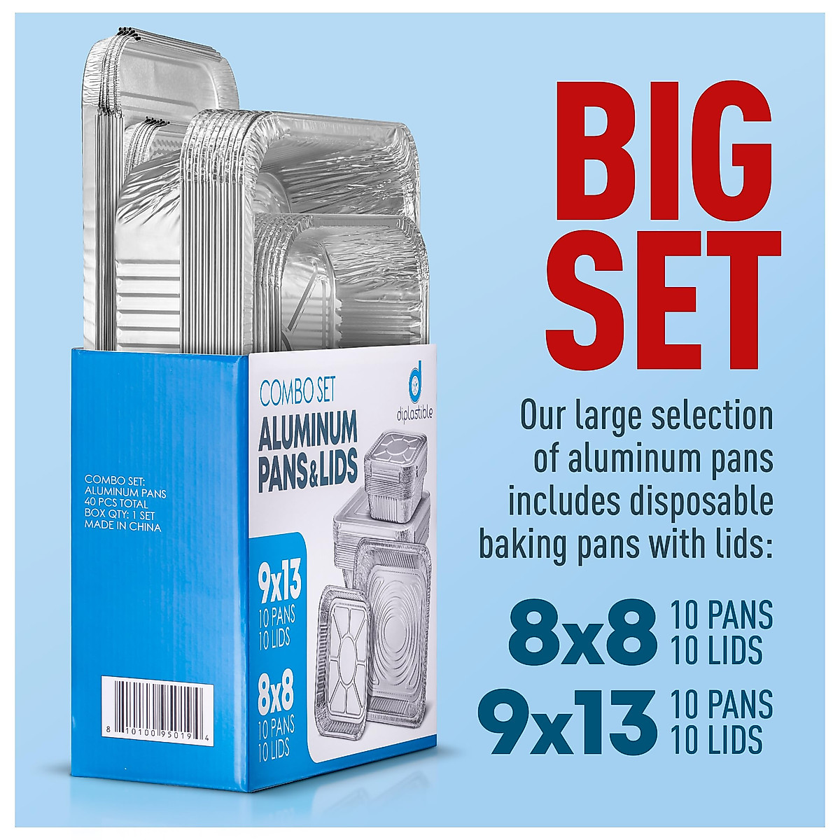 Disposable Aluminum Pans With Lids, 9x13 (10pc) And 8x8 Square (10pc) Combo Set, Disposable Baking and Cake Pan (Pack of 20)