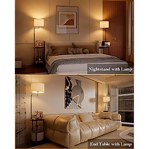 Lightdot 57IN Floor Lamp with Shelves, Mid Century Modern Standing Lamps with Bulb and Storage Bag Included, Black Pole End Table with Linen Lampshade for Living Room, Bedroom, Office-F