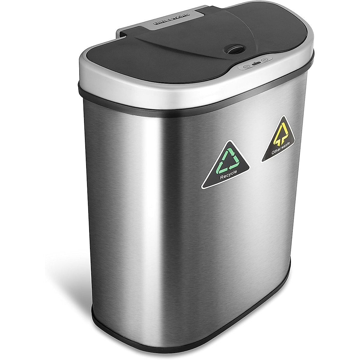 NINESTARS Automatic Touchless Infrared Motion Sensor Trash Can/Recycler with D Shape Silver/Black Lid & Stainless Base, 18 Gal, Stainless Steel