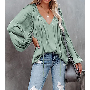 LAMISSCHE Womens Sexy Deep V Neck Blouse Lantern Long Sleeve Chiffon Shirt Oversized Drawstring Silk Satin Tunic(Light Green,XL)