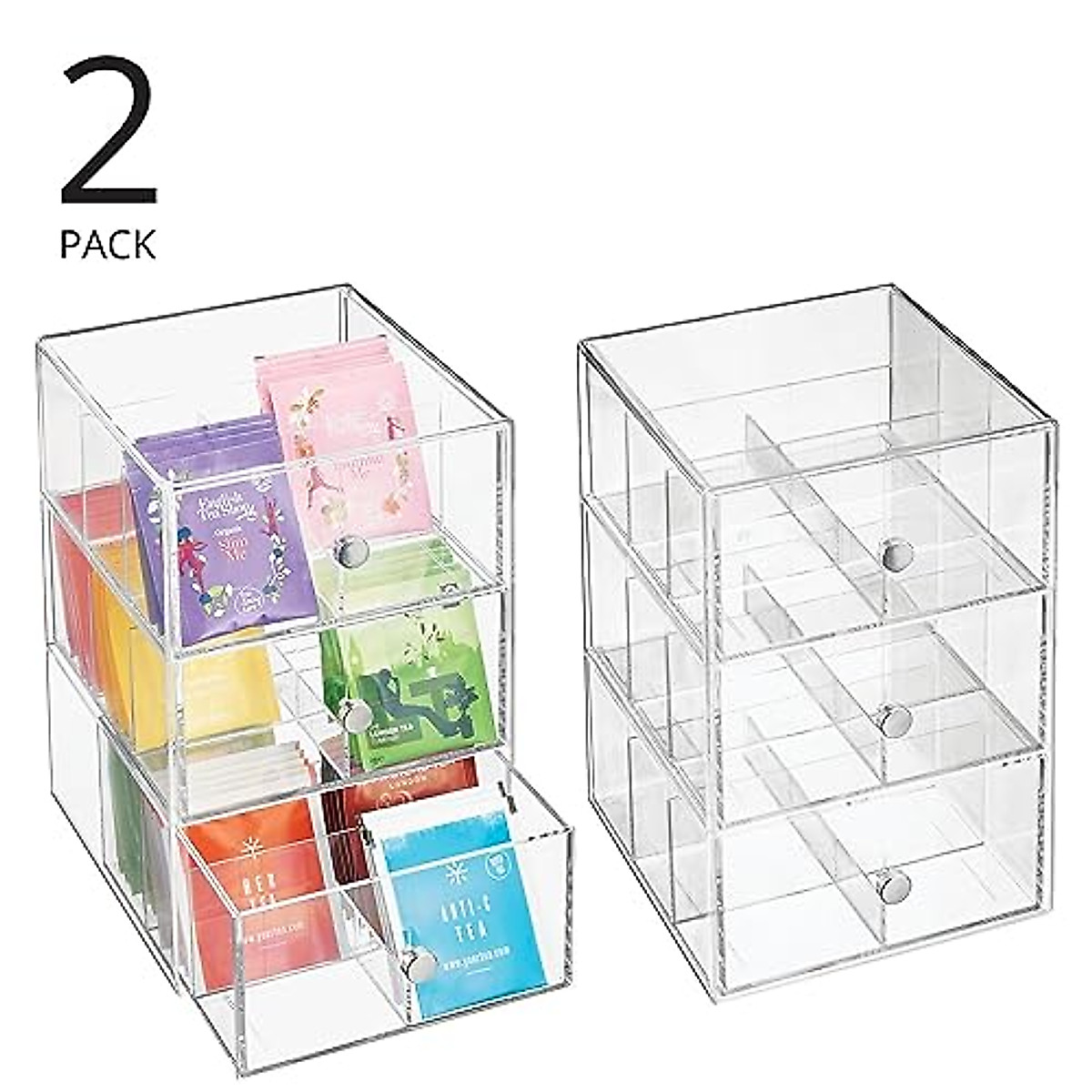 mDesign Plastic Wide Kitchen Pantry, Cabinet, Countertop Organizer Storage Station with 3 Drawers for Coffee, Tea, Sugar Packets, Sweeteners, Creamers, Drink Pods, Packets; 18 Sections, 2 Pack - Clear