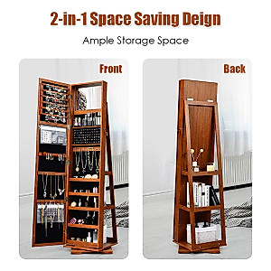 CHARMAID 360° Swivel Jewelry Armoire with Higher Full Length Mirror, Standing Lockable Jewelry Cabinet Organizer with Large Storage Capacity, Inside Makeup Mirror, Back Storage Shelves (Walnut)
