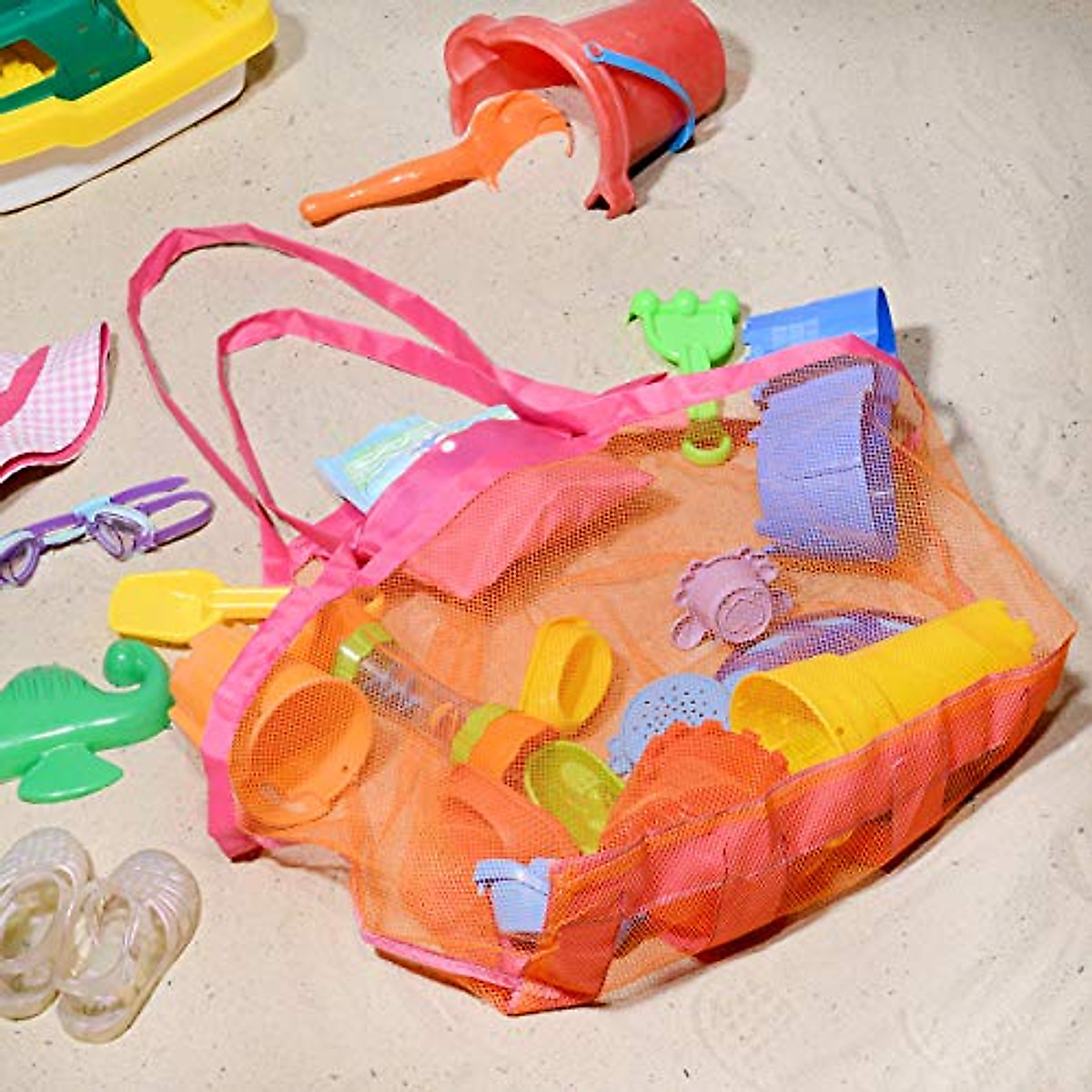 Beach Toy Bag - Large Mesh Tote for Kids Sandy Toys, Reusable & Foldable with Pouch for Pool, Towels, Bath Storage, Seashells, Travel & Vacation, Durable Waterproof and Washable - 17.5x17.5x10