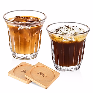 Bincoo Glass Coffee Mug Set 2x90ML, Clear Glass Coffee Mugs with Wooden Coasters, Coffee, Cappuccino, Latte, Espresso Glass Cup Heat Resistant