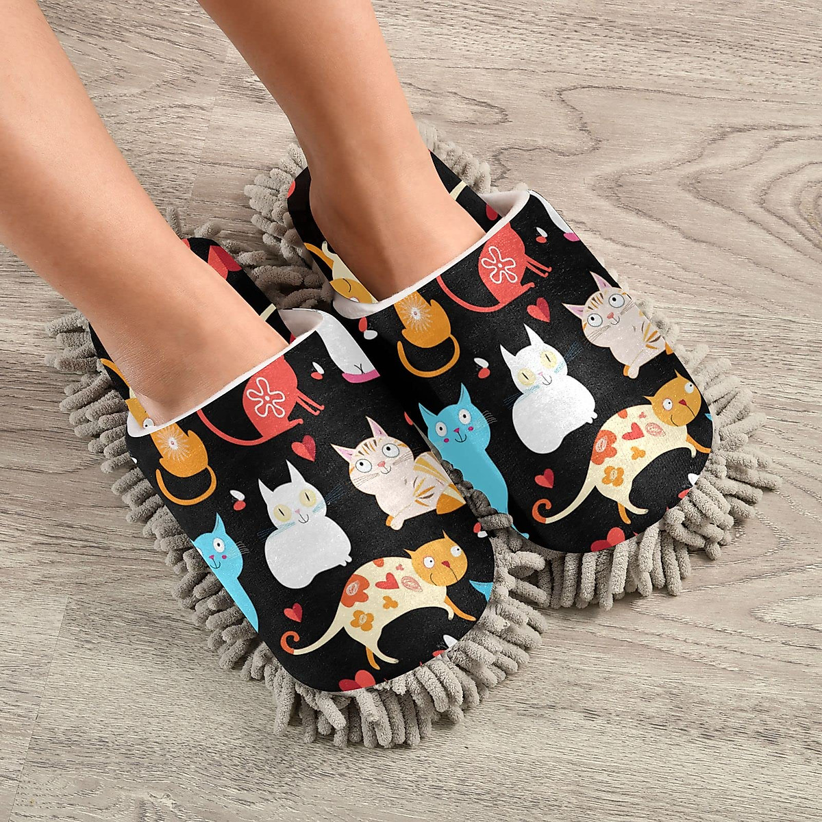 Colored Cats Mop Slippers Shoes Cover for Floor Cleaning Washable Dirty Hair Dust Cleaners Microfiber Mop Socks for Office Kitchen House
