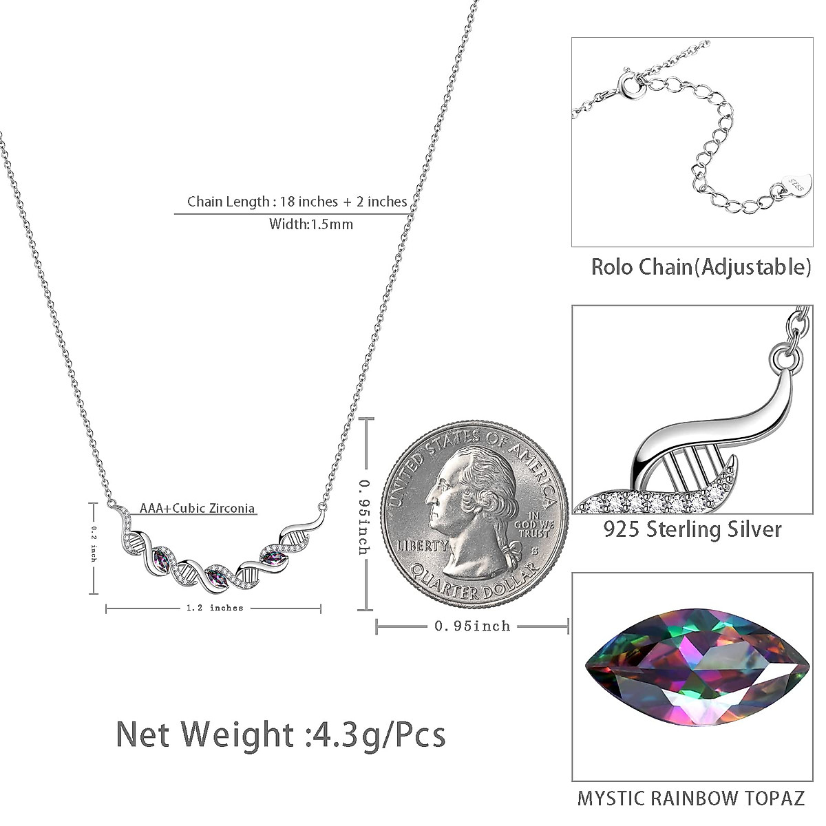 Aurora Tears DNA Double Helix Chemistry Science Molecule Biology Necklace Infinity 925 Sterling Silver Mystic Rainbow Topaz Spiral Pendant Jewelry for Women DP0310W
