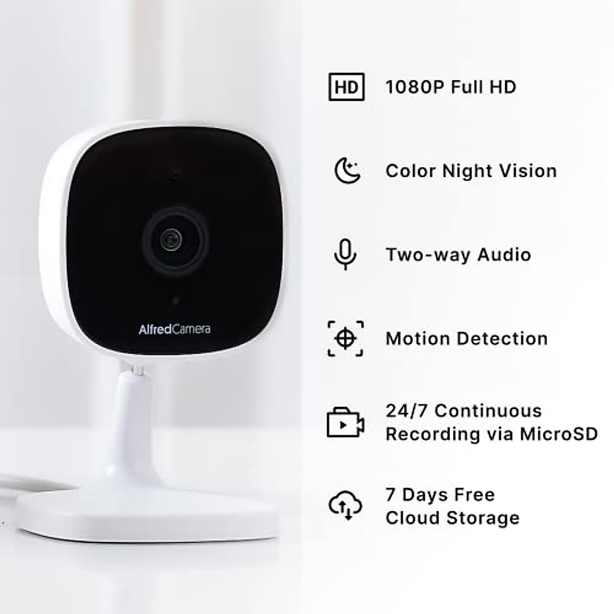 AlfredCamera Indoor Security Bullet Camera (White) - AlfredCam, Plug-in Baby Monitor/Pet Cam- 1080P, Night Vision, Wide-Angle View, Continuous Recording & Stick-On Mount - Works with Alfred Camera App