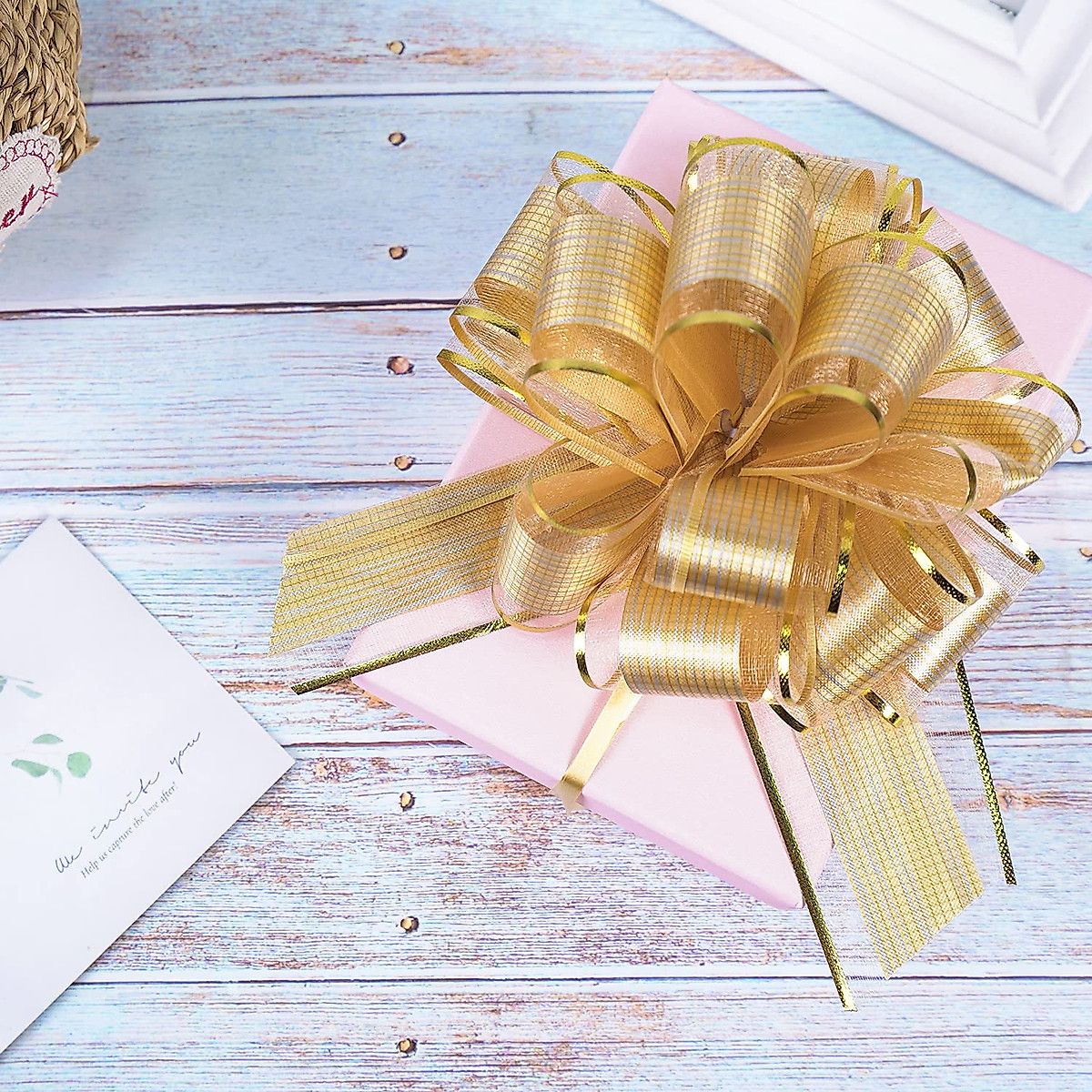 AKLVBL 10 PCS Large Pull Bow Gift Wrapping Bows, Pull Bow with Ribbon for Wedding Gift Baskets, Party Gift Wrap Bows, Presents Decorating Bows (Gold)