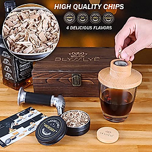 Old Fashioned Cocktail Smoker Kit with Torch and Wooden Storage Box - 10 Pcs Infuser Set with 4 Flavours of Wooden Smoker Chips for Whiskey and Bourbon Drinks - Great Gift for Classic Men (NO BUTANE)