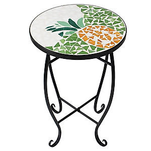 display4top Mosaic Round Outdoor Accent Table,Plant Flower Stand,Round Side Table (Yellow)