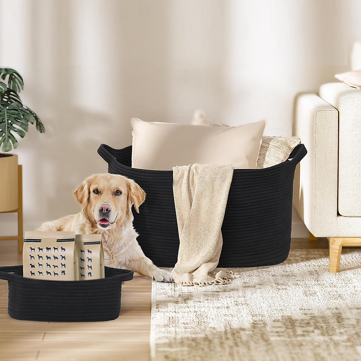 InnJoey 2PCS Large Blanket Basket, Cotton Rope Basket with Handles for Bathroom, Black Basket for Bedroom, Living Room, Nursery, Laundry room and Bathroom