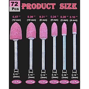 SHITIME 72 Pack Grinding Stone Set 1/8" Shank, Sanding Drill Bit for Rotary Tool Flap Wheel for Grinding, Polishing, Deburring Ferrous Metal(12/10/8/6/5/4mm Bullet Shape)