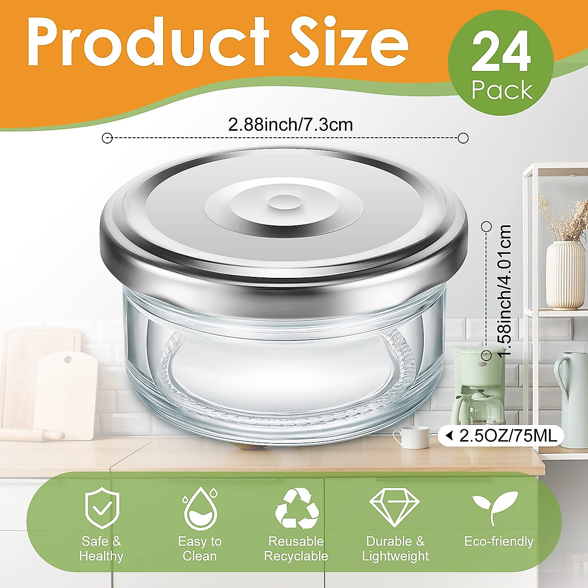Sabary 24 Pcs 2.5 oz Salad Dressing Container Reusable Glass Condiment Containers with Lids Glass Food Storage Containers Small Glass Jars Sauce Containers for Lunch Box Picnic Travel, Silver Lids