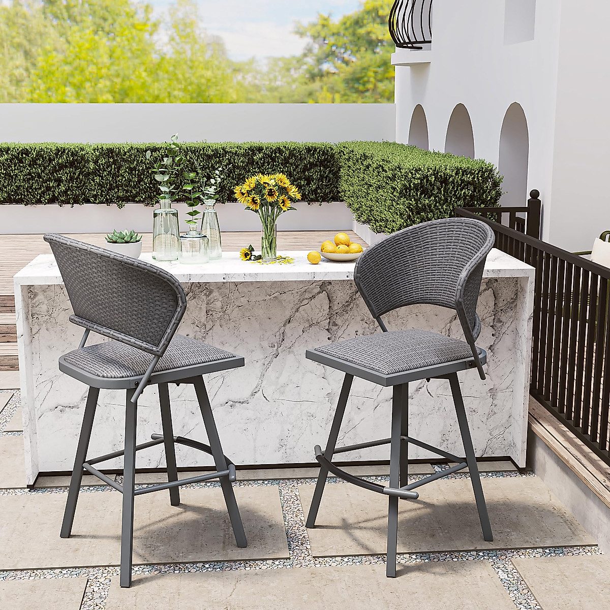 VICLLAX Outdoor Swivel Bar Stool Set of 6, Patio Bar Chairs Metal Counter Height Bar Stools Wicker Barstools for Garden Balcony Porch, Light Grey
