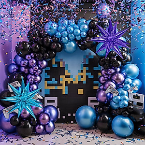 Black Purple Blue Balloon Arch Kit, Metallic Purple Blue Balloons Garland Kit with Star Balloons for Kids Video Game Party Decoration Baby Shower Engagement Party Supplies