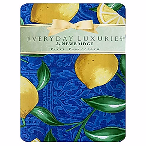 Newbridge Provence Blue and Yellow Lemon Print Vinyl Flannel Backed Tablecloth, French Provencal Lemon Damask Design Waterproof Patio, Kitchen Tablecloth, 52 Inch x 70 Inch Oblong/Rectangle