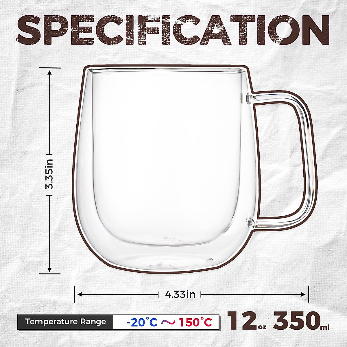 ETERMETA 2 Pack 12 oz Double Walled Glass Coffee Mugs with handle, Thermal Insulted No Condensation Coffee & Tea Cups, Clear Mugs for Americano, Latte, Espresso, Cappuccinos Beverage