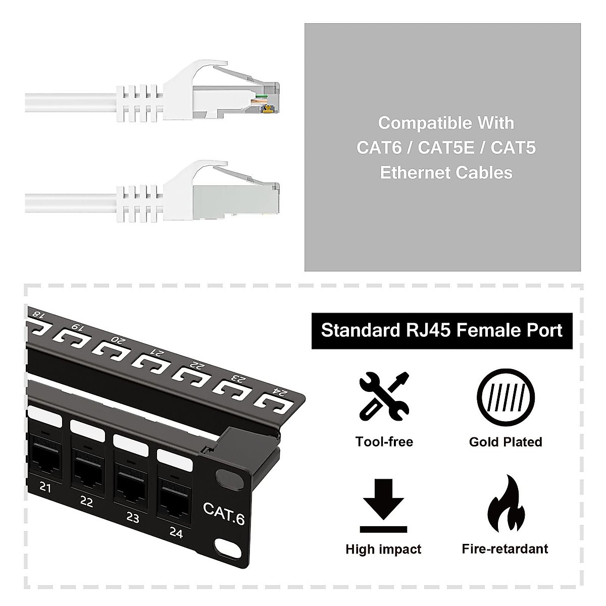 iwillink 10Gbps Patch Panel 24 Port, RJ45 Through Coupler Cat6 Patch Panel UTP 19-Inch 1U with Back Bar, Wallmount or Rackmount, Compatible with Cat5, Cat5e, Cat6 Cabling