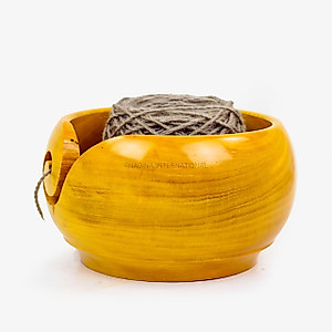 Nagina International Yellow Teak Wood Crafted Premium Portable Light Weight Knitting & Crochet Yarn Bowl | Stitch Accessories & Storage (Large)