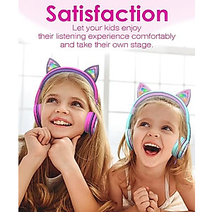 FosPower Kids Headphones with LED Cat Ears (Safe Volume Limit 85 dB), 3.5mm On-Ear Wired Headphones with Laced Tangle-Free Cables for Boys/Girls/School/Travel - Hot Pink/Purple