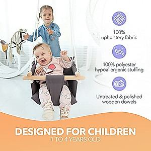 CaTeam - Canvas Baby Swing, Wooden Hanging Swing Seat Chair with Safety Belt, Durable Baby Hammock Chair, Outdoor and Indoor Swing for Kids, Mounting Hardware Included, Dark Gray