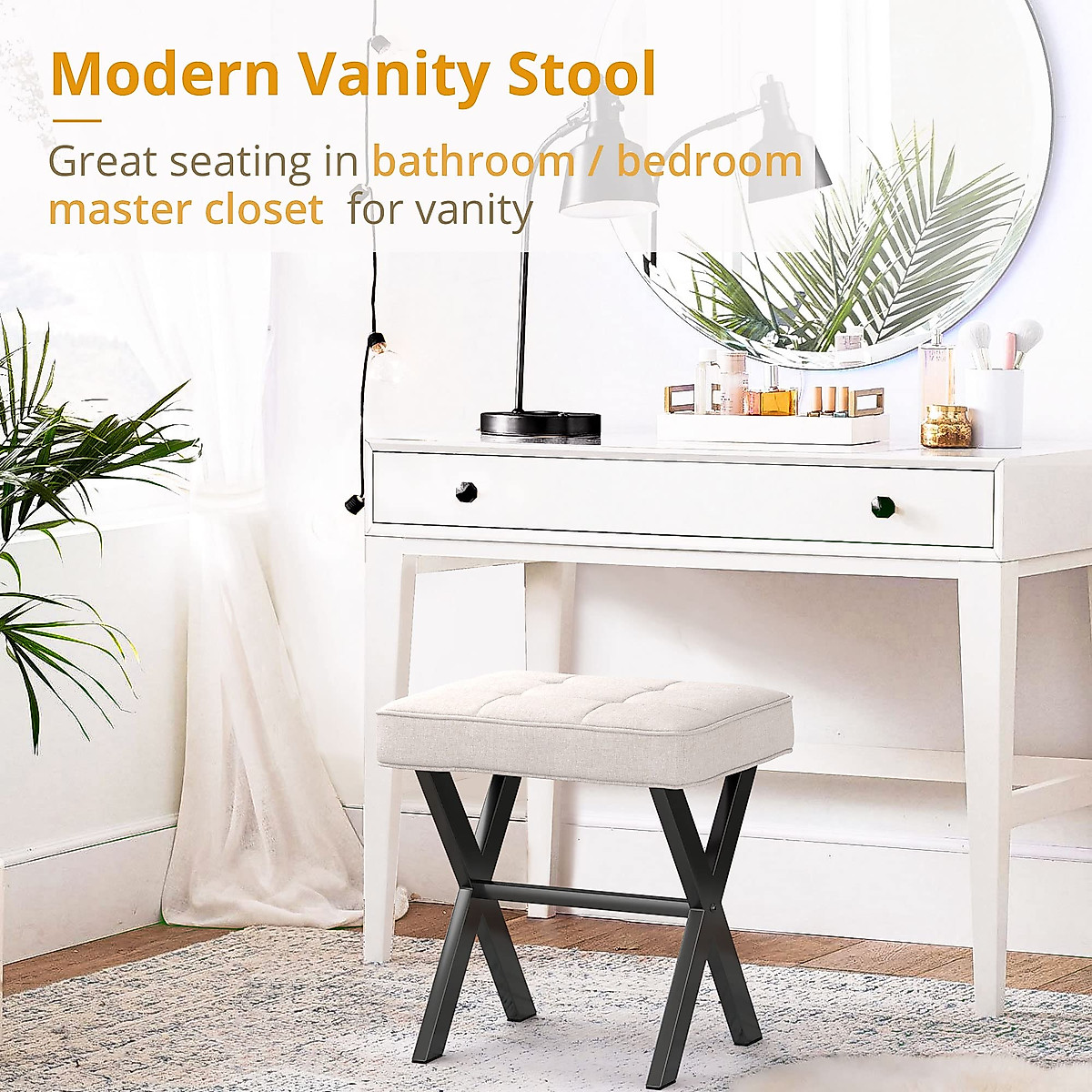 LUE BONA Ottoman Foot Stool Vanity Stool, Square Linen X-Leg Foot Rest Ottoman Makeup Stool, Small Stool Chair for Vanity, Modern Padded Vanity Seat for Makeup Room, Living Room, Bathroom, Linen Color