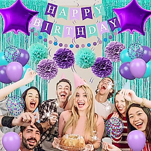 Mermaid Birthday Decorations Purple Teal Blue Party Balloons Happy Birthday Banner Dots Garland Purple Turquoise Green Fringe Curtain Pompom Swirls for Girl Women Birthday Baby Shower Party Decoration