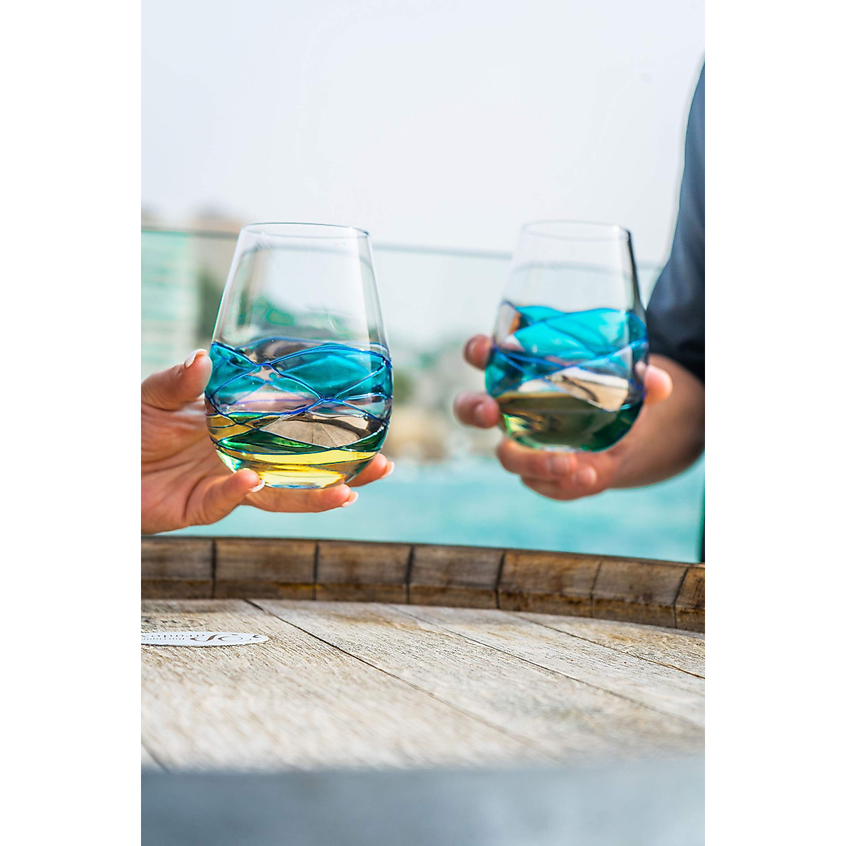 Antoni Barcelona Stemless Wine Glass Set 2 Gold – EXCLUSIVE BOX - Hand Painted Drinkware Essentials Wine Tumbler Glassware Unique Gifts Ideas for Women Men Birthday Wedding Mom Dad Her Him