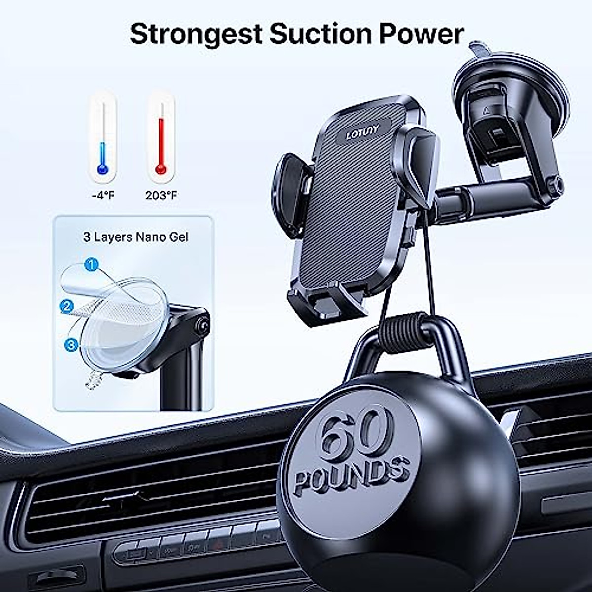 LOTUNY Universal Phone Mount for Car, [Powerful Suction] Hands-Free Cell Phone Holder Car, Phone Holder for Car Dashboard Windshield Air Vent, Compatible with iPhone 14 13 12 11 Pro Max All Phones