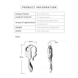 Generic, 24- in-1 Key Shaped Pocket Tool, multitool key with key chain, Outdoor keychain tool for Drill Drive, Screwdriver, file, Wrench, Ruler, Bottle Opener,Wrench, Stripping, etc（Gold）