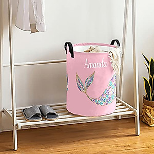 Mermaid Pink Large Storage Basket Personalized Laundry Hamper with Name Bathroom Home Decor Collapsible Round Storage Bin Boxes Clothing for Gift