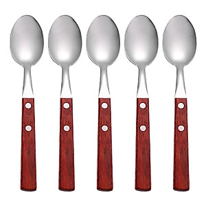 Hemoton 5pcs Stainless Steel Coffee Spoons Wood Handle Tea Spoons Dessert Ice Cream Cake Tasting Spoon Dinner Spoon for Home Kitchen Restaurant