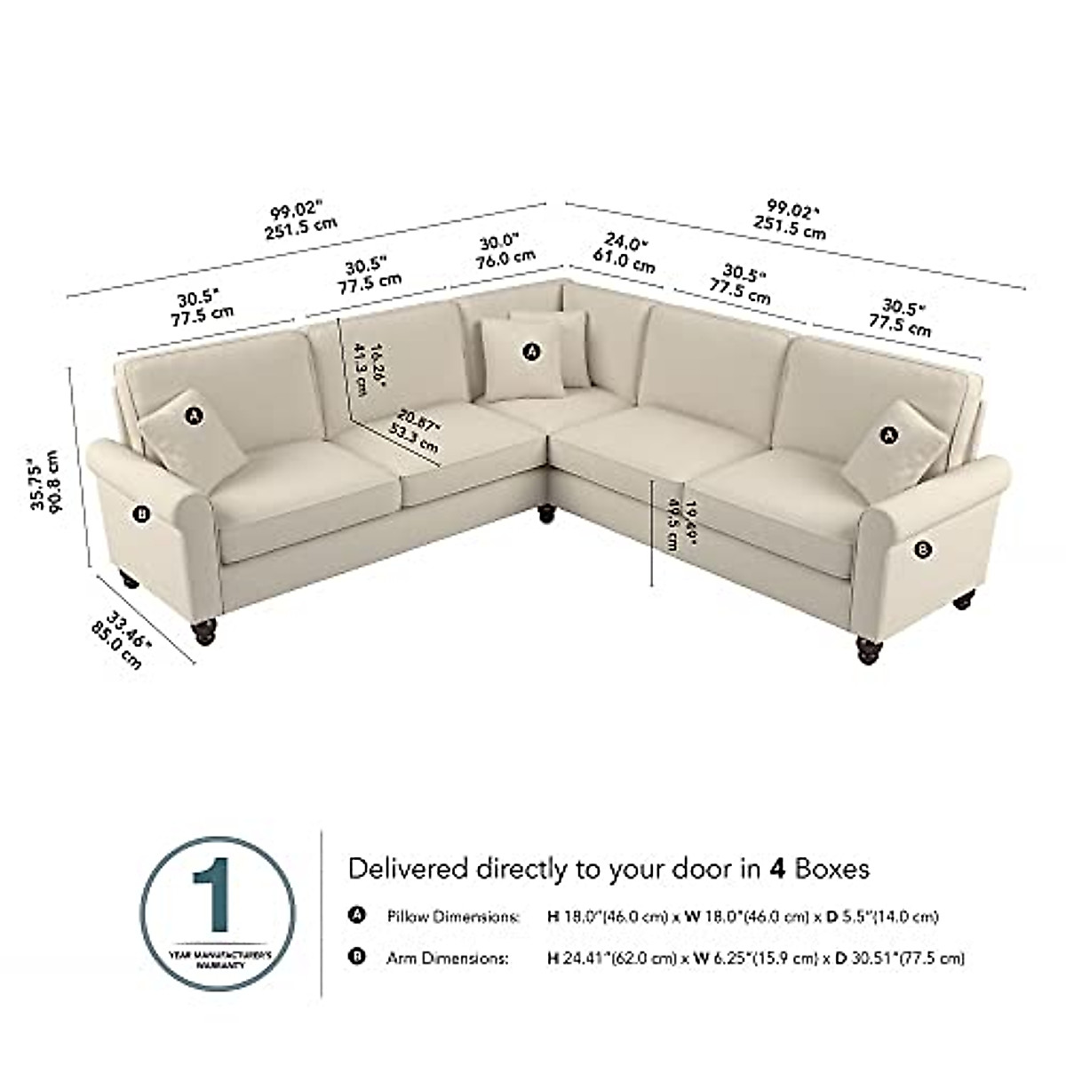 Bush Furniture Hudson L Shaped Sectional Couch, 99W, Cream Herringbone