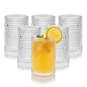 15 oz Clear Hobnail Drinking Glasses with Straws Set of 6, Vintage Glassware Old Fashioned Beverage Glasses, Cocktail Drinking Glassware Set, Kitchen Water Glasses Cup, for Beer, Smoothie, Juice