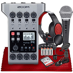 ZOOM PODTRAK P4 THE ULTIMATE RECORDER FOR PODCASTING with 64GB Memory Card, Samson R21S Dynamic Microphone, Samson SR360 Over-Ear Dynamic Stereo Headphones, and Essential Accessories Bundle
