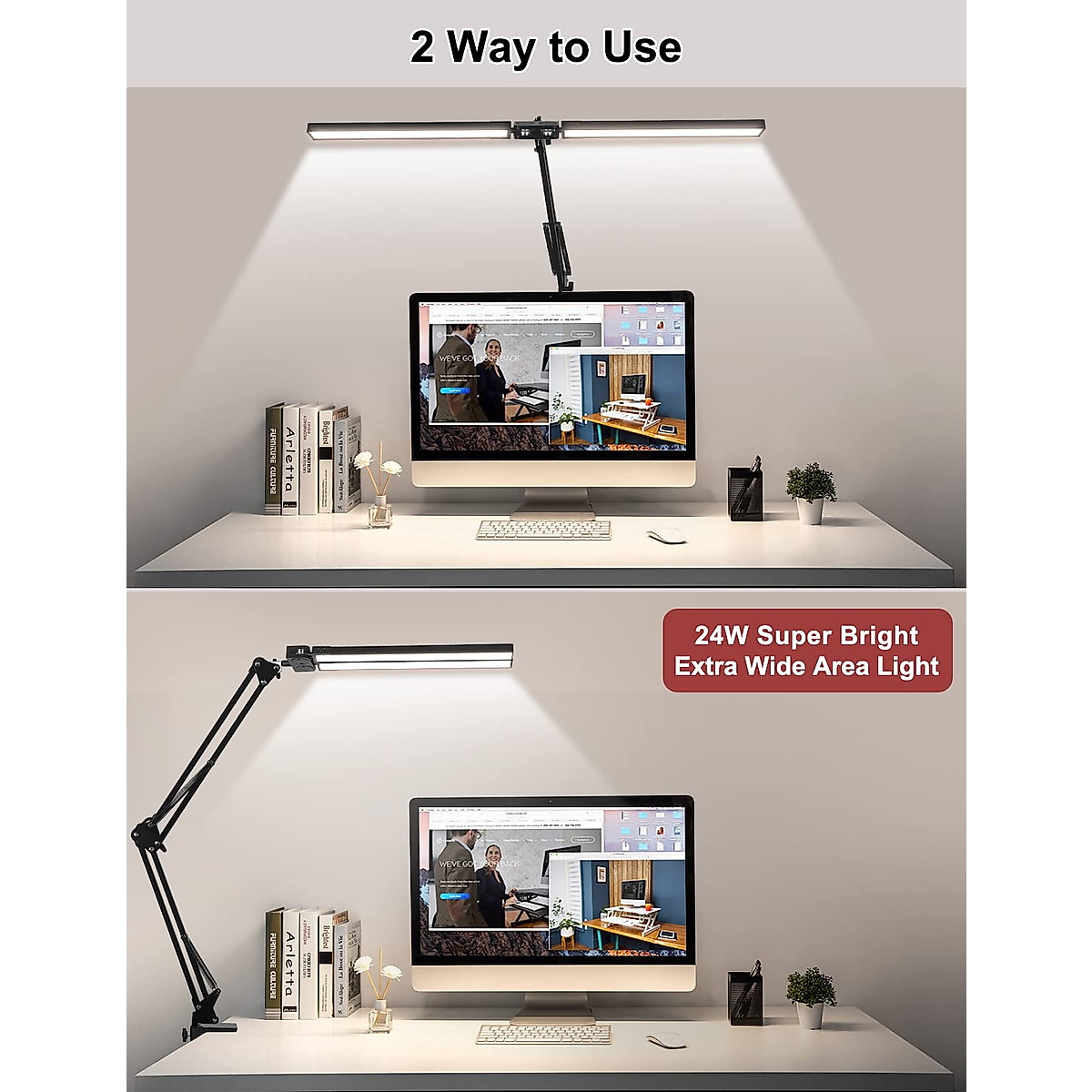 BRISON Double Head LED Desk Lamp, 24W for Home Office with 160 LED Beads, Swivel Arm Architect Desk Light with Clamp, 3 Lighting 10 Brightness, Adjustable Table Light for Read/Monitor/Work