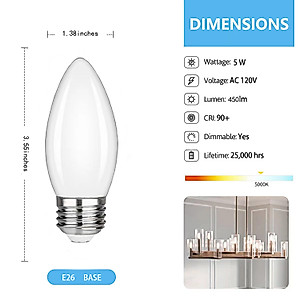 FUTIME 6Pack B11 E26 LED Candelabra Bulbs, 5W Equal 40 watt Edison Light Bulbs, Daylight White 5000K Dimmable Candle Bulb for Chandeliers, Ceiling Fan,Pendant,Wall sconces 450LM Light Bulb Milky Glass